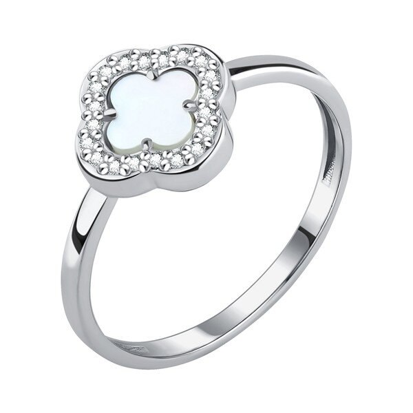 Кольцо, серебро, 925 проба, родирование, фианит, перламутр