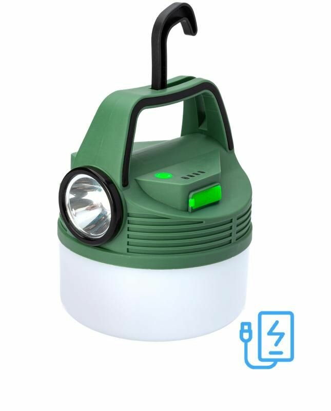 Фонарь аккумуляторный кемпинговый походный 16Вт SMD LED+3Вт LED Li-ion 18650 2400мА. ч Power-bank корпус ABS-пластик индикатор уровня заряда USB-шнур складной крючок для подвешивания матов. рассеив. Космос KOC616Lit