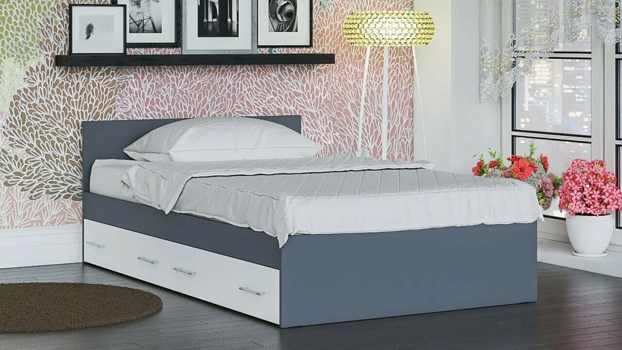 Кровать с ящиками СВК Мори 120х200 цвет графит/ ящики белые, с основанием, без матраса