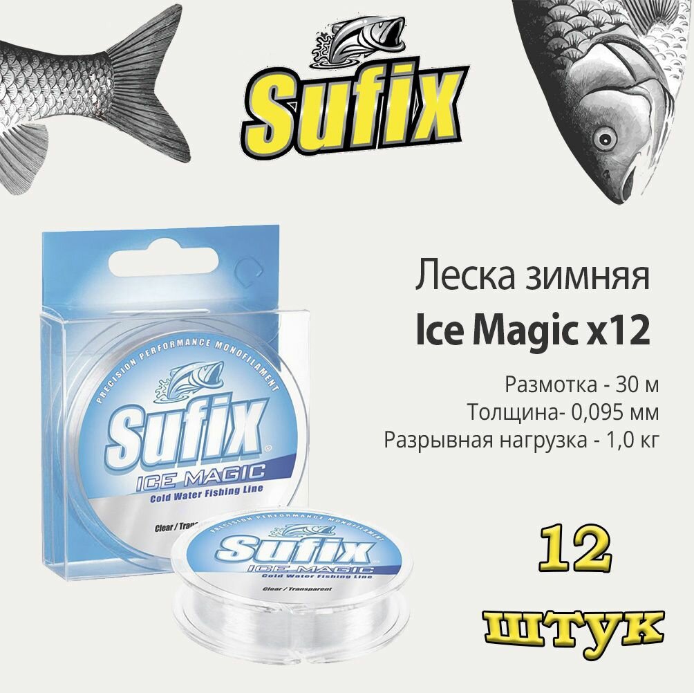 Леска зимняя SUFIX Ice Magic x12 прозрачная 30м 0.095мм 1кг (12 штук по 30м)