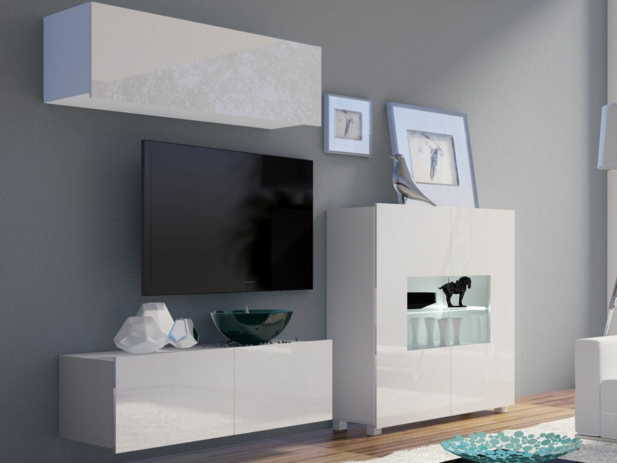 Стенка в гостиную "Верона 7" 200х200х42, белый / белый глянец