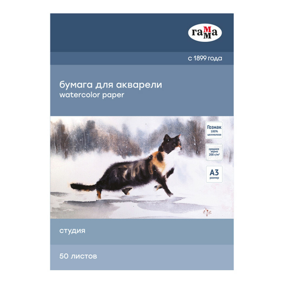 Папка для акварели, 50л, А3, Гамма "Студия", 200г/м2, среднее зерно, 355439
