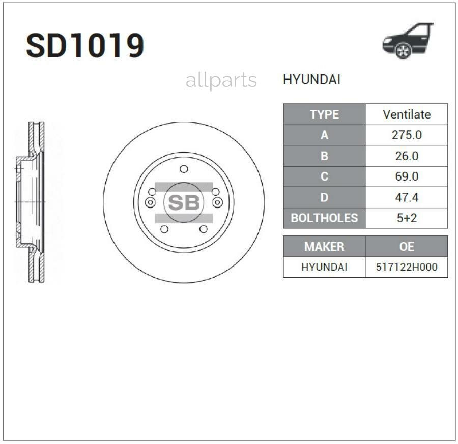 SANGSIN BRAKE SD1019 диск тормозной SD1019 (51712-2H000)