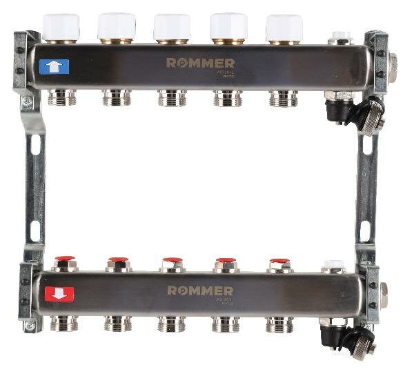 Коллектор из нержавеющей стали без расходомеров ROMMER, с клапаном вып. воздуха и сливом 5 выходов RMS-3201-000005