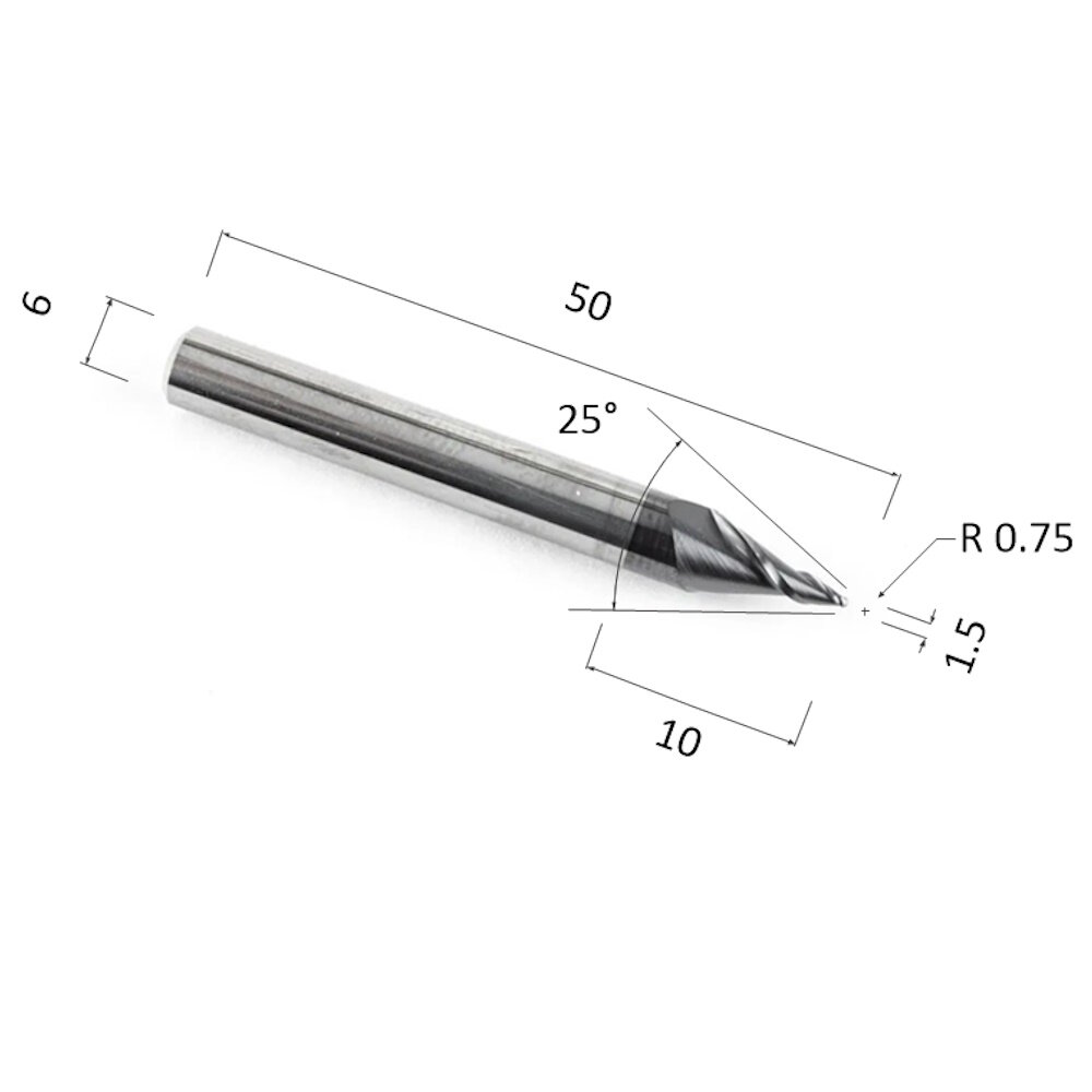 Фреза DJTOL ASL2QX6.10.0.75 двухзаходная конусная сферическая с покрытием AlTiN по стали, алюминию, латуни, меди, бронзе