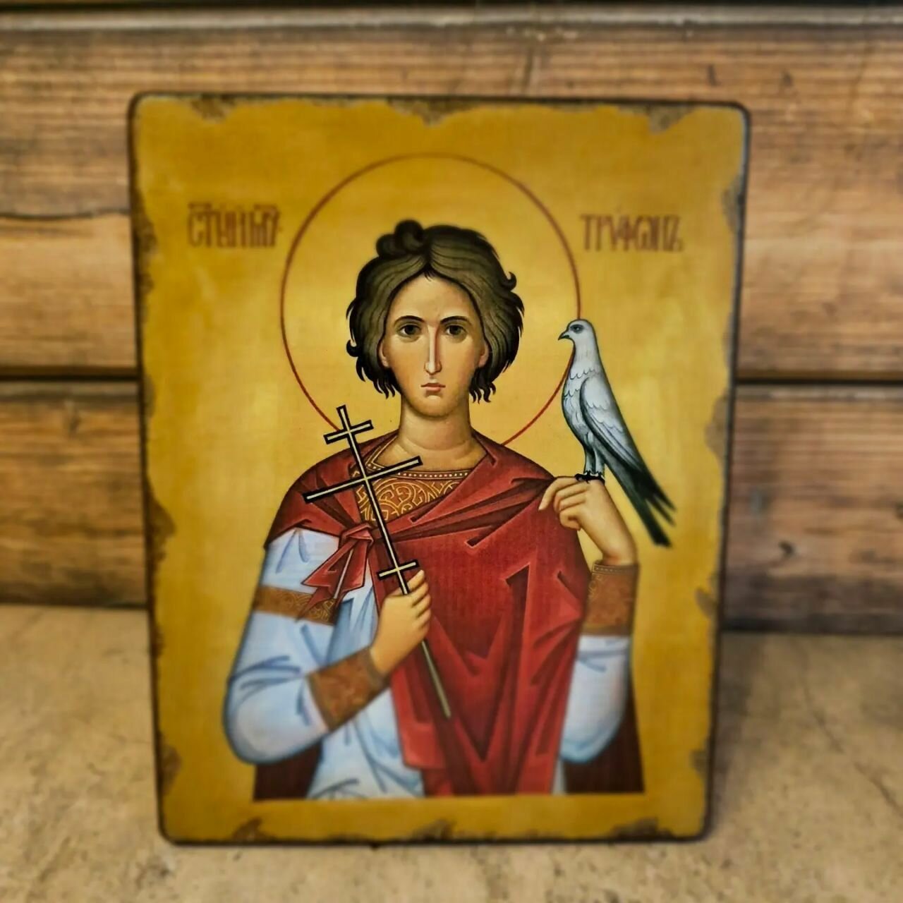 Освящённая икона мученика Трифона с птицей под старину, 14*17 см
