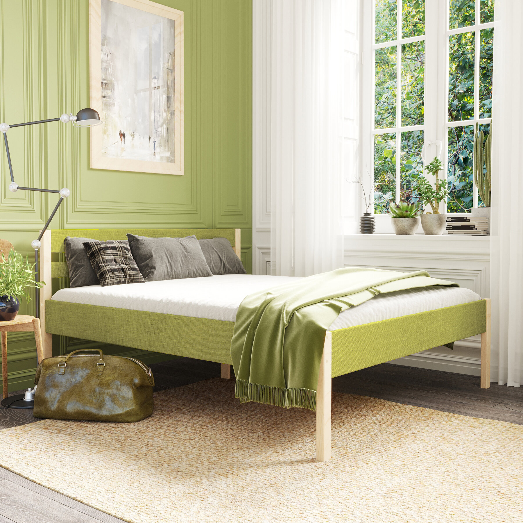 Кровать двуспальная, 160х190 см, Hansales, деревянная, высокая, из массива березы, ткань темно-зеленая