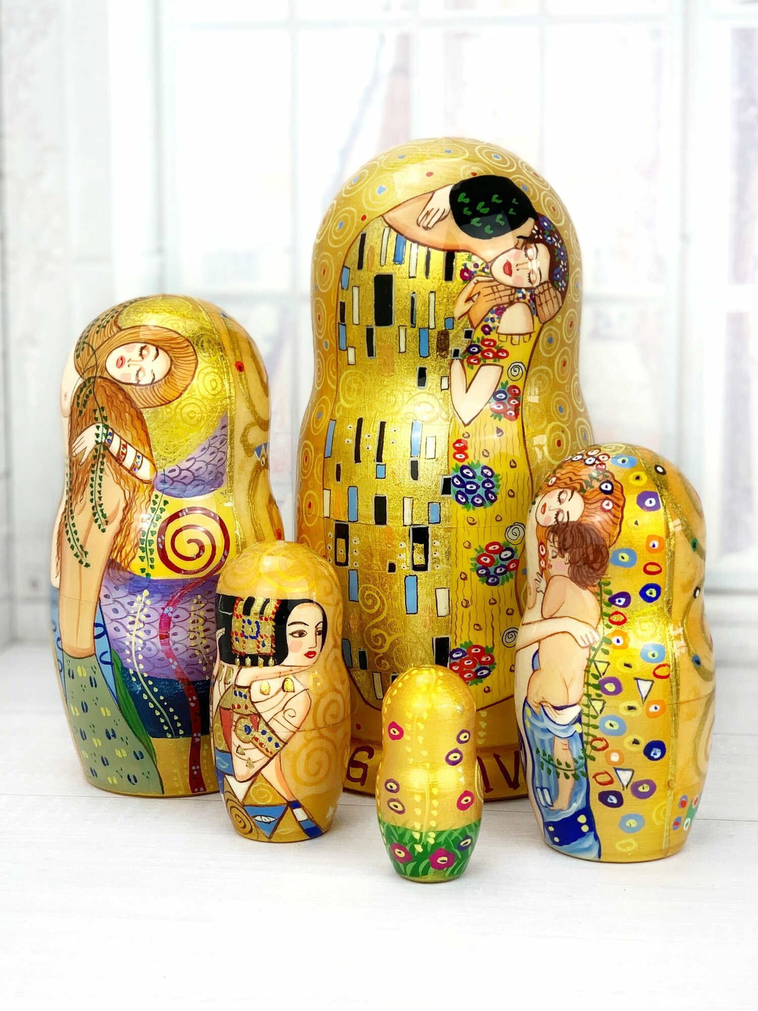 Матрешка деревянная авторская русский сувенир Климт 5 мест 19 см Орнамент