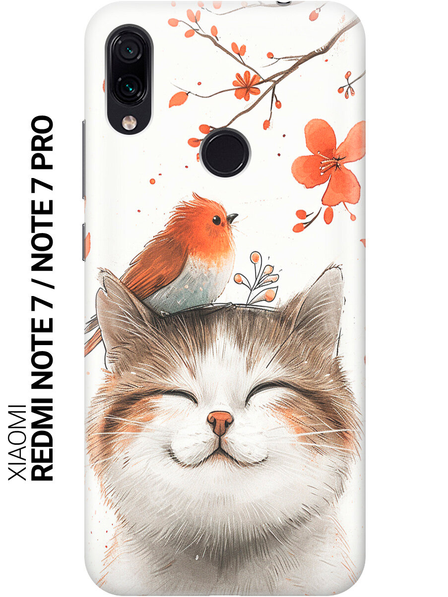 Силиконовый чехол на Xiaomi Redmi Note 7 / Note 7 Pro с принтом "Довольный котик и птичка"
