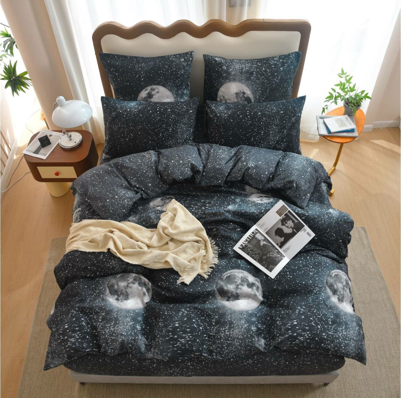 Комплект Постельного Белья Евро Сатин - Черная Луна / простыня - 180x200+25 см на резинке по кругу