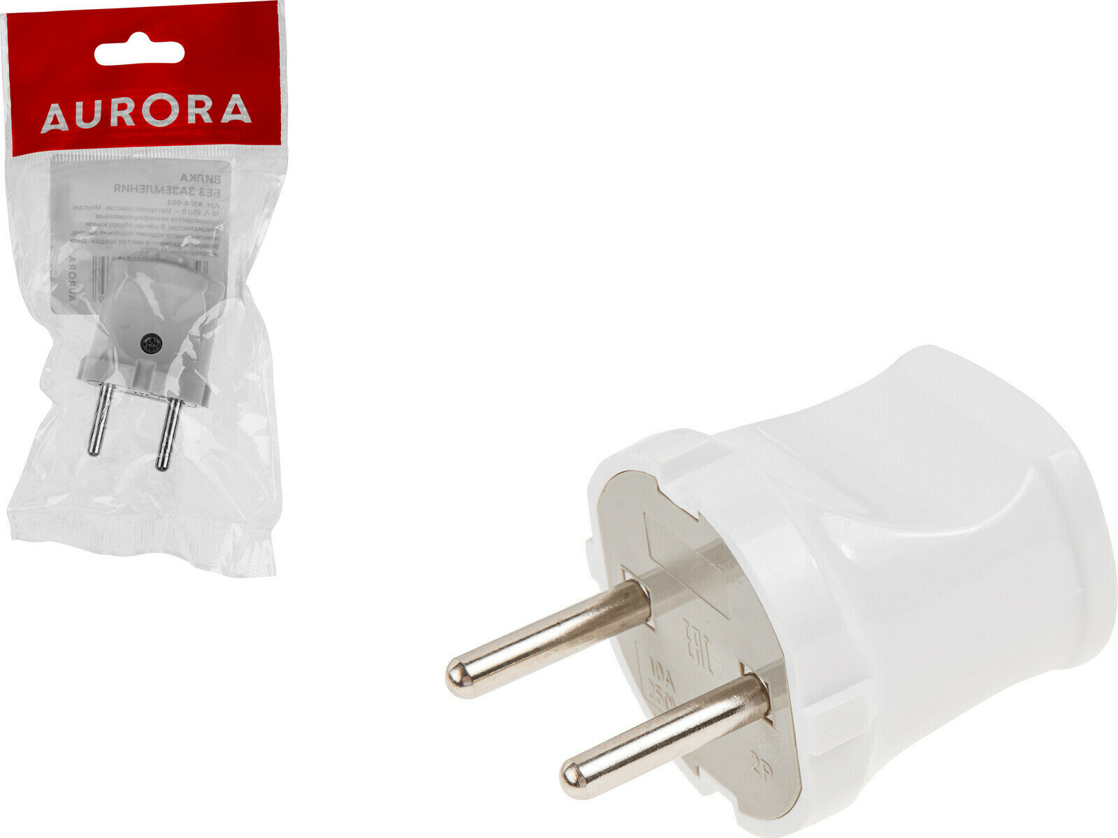Вилка (б/з, 10А, 250В) белая, AURORA (A100-003)