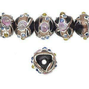 Бусина лэмпворк, 11х9мм, с золотистым узором, фиолетовая, 2 шт.