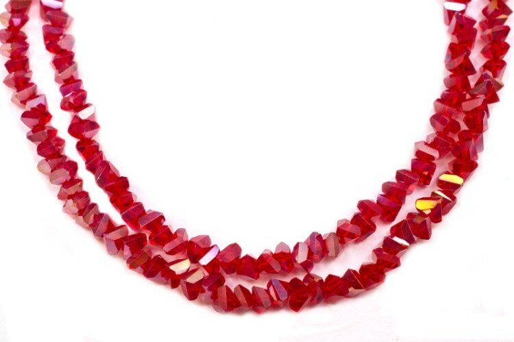 Бусина стеклянная граненая треугольная 3х4х3мм, цвет красный, гальваническое покрытие, 542-062, 1 нить (около 30 см, около 125 бусин)