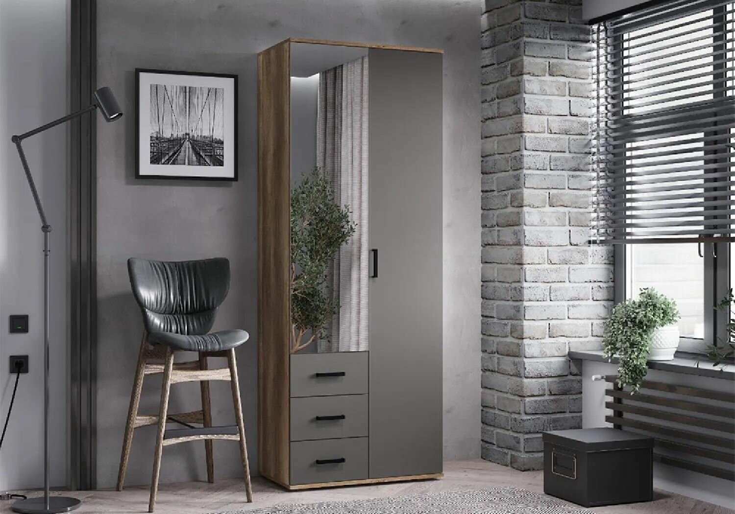 Шкаф 2-х дверный Вальтер дуб каньон/графит, размер 80х47х212 см