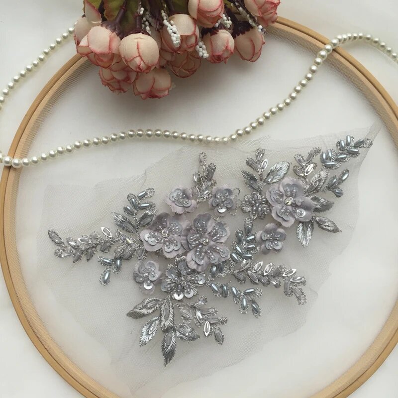 Аппликации из бисера HYZELY для свадебного платья 21.5*12 см Grey