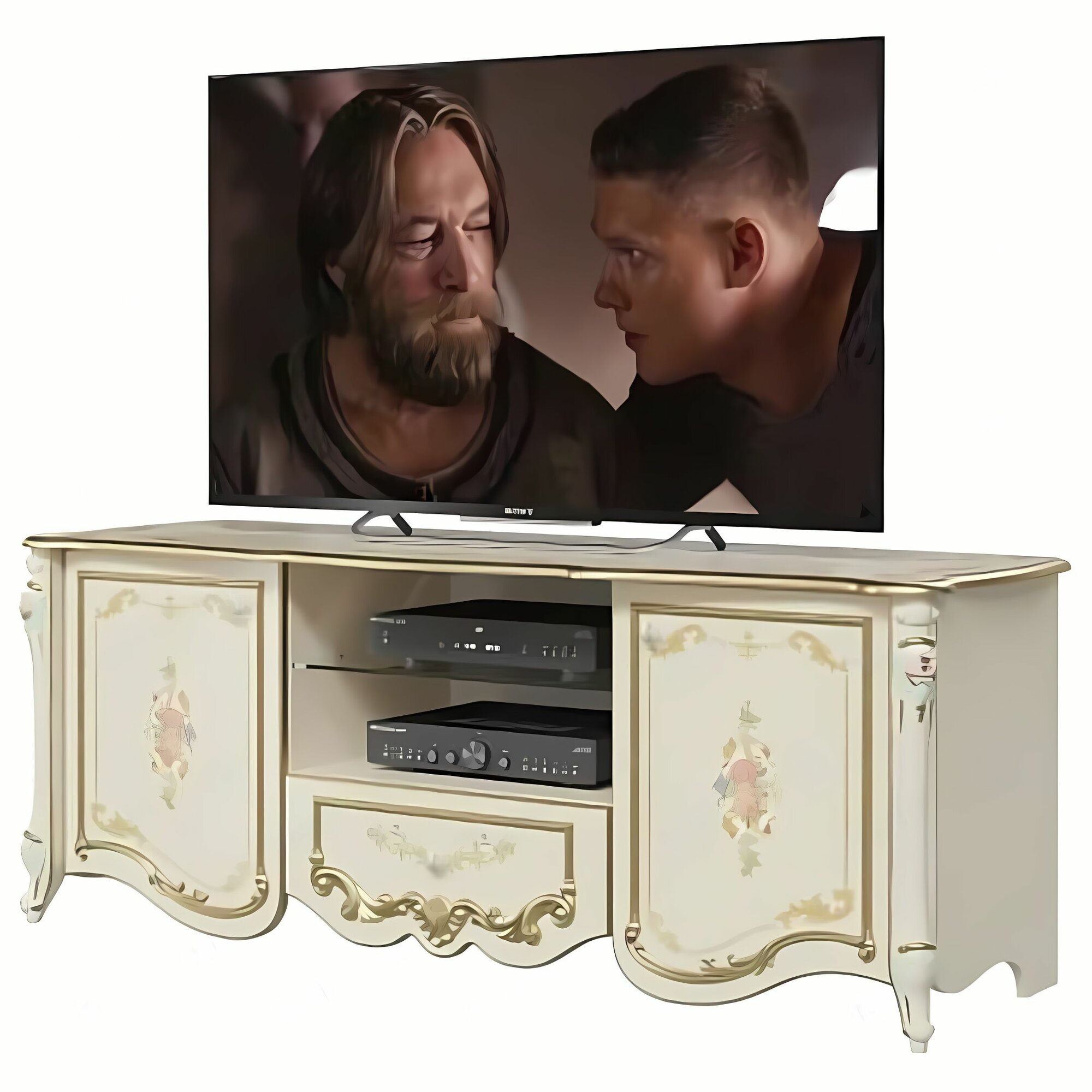 Комод под телевизор с полками деревянный 170х56х65 см слоновая кость