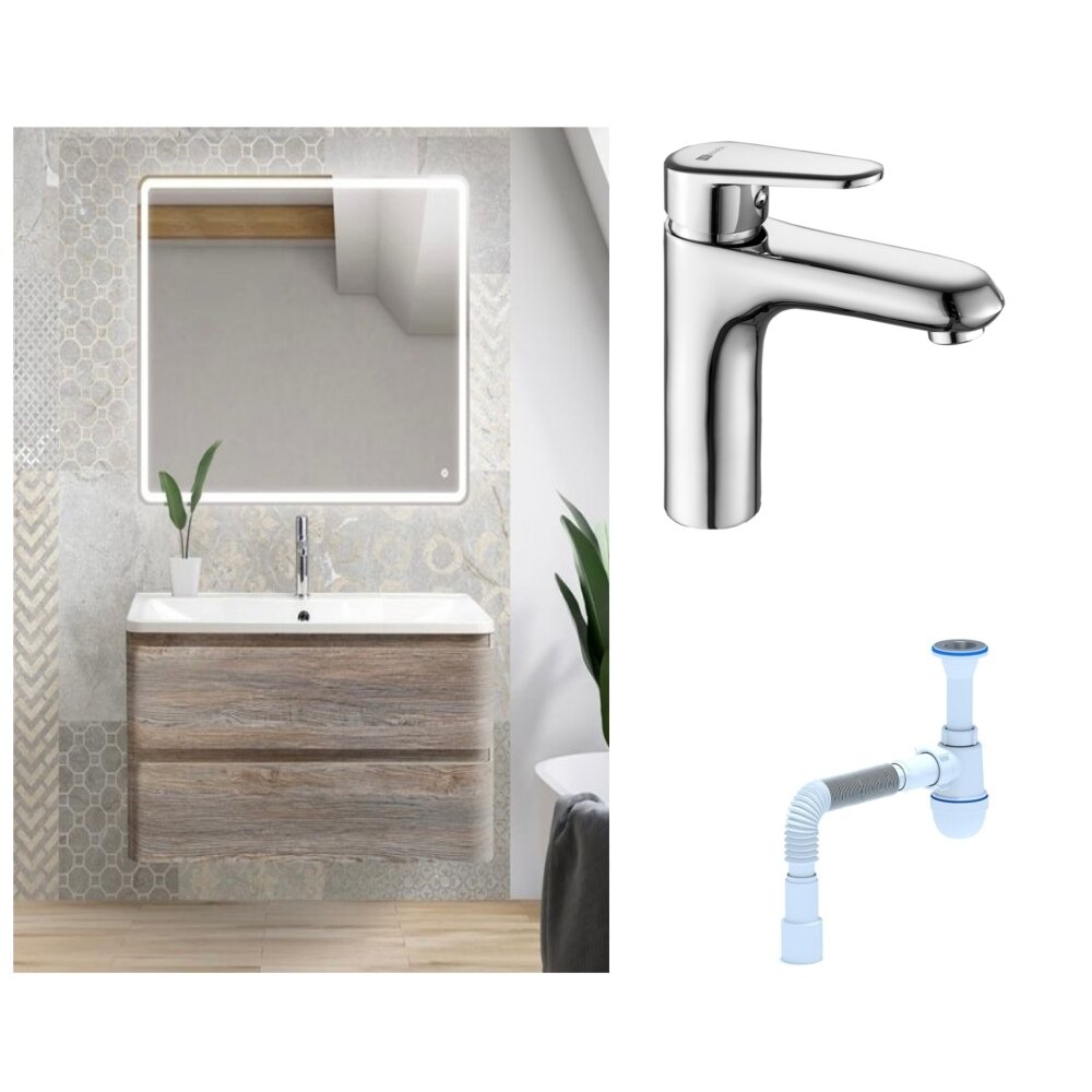 Комплект: Мебель для ванной BelBagno Albano 80 pino scania + Смеситель Lemark Point LM0306C для раковины однорычажный, хром + Сифон АниПласт 139666 + LM0306C + C2015xrv