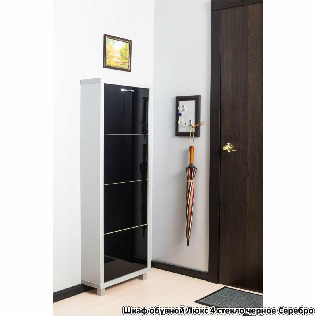 Шкаф обувной Люкс 4 стекло черное серебро, Айрон, Ш:55 см, В:141 см, Г:19 см.