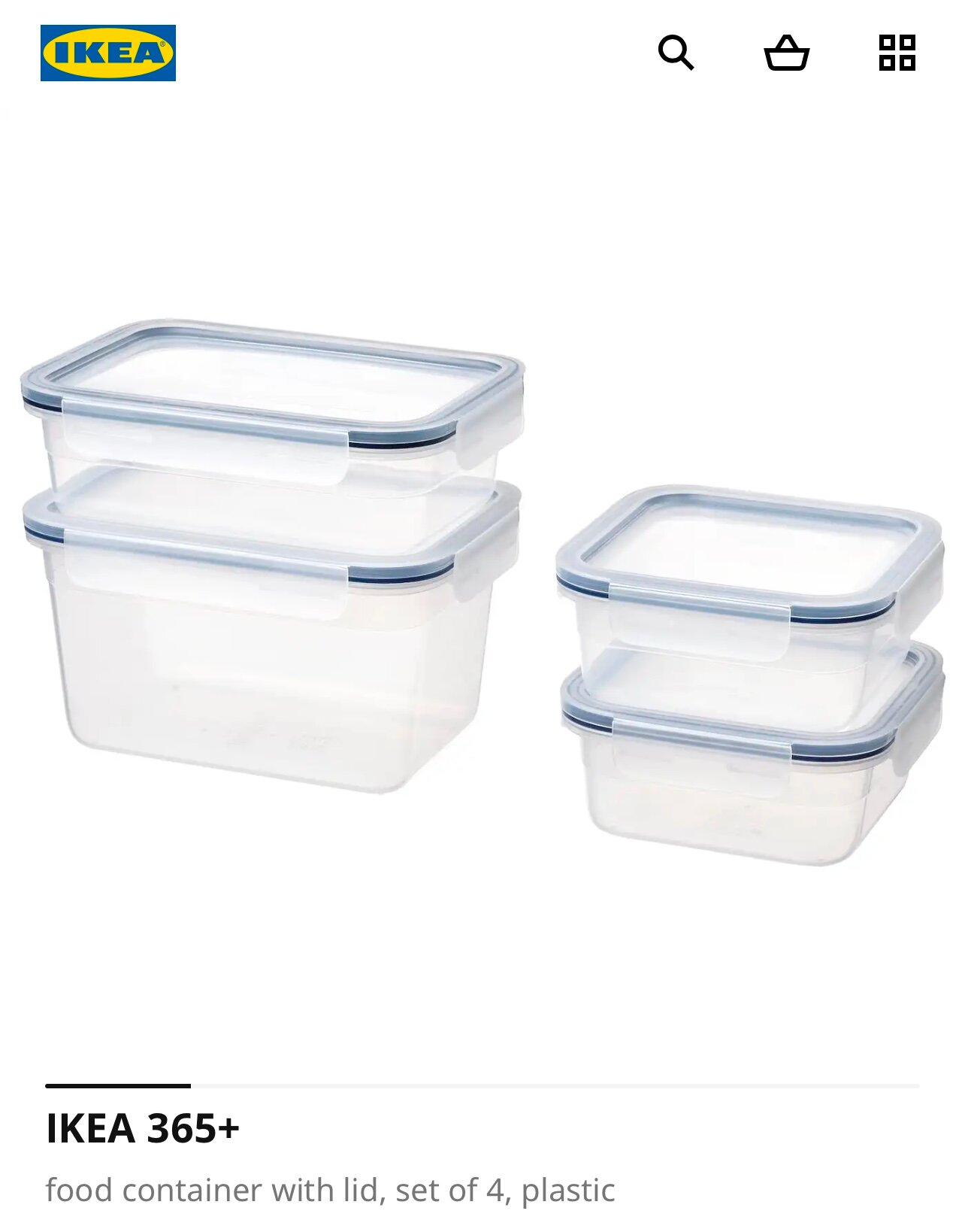 Пищевой контейнер пластиковый с крышкой IKEA 365+, набор из 4 штук, прямоугольный