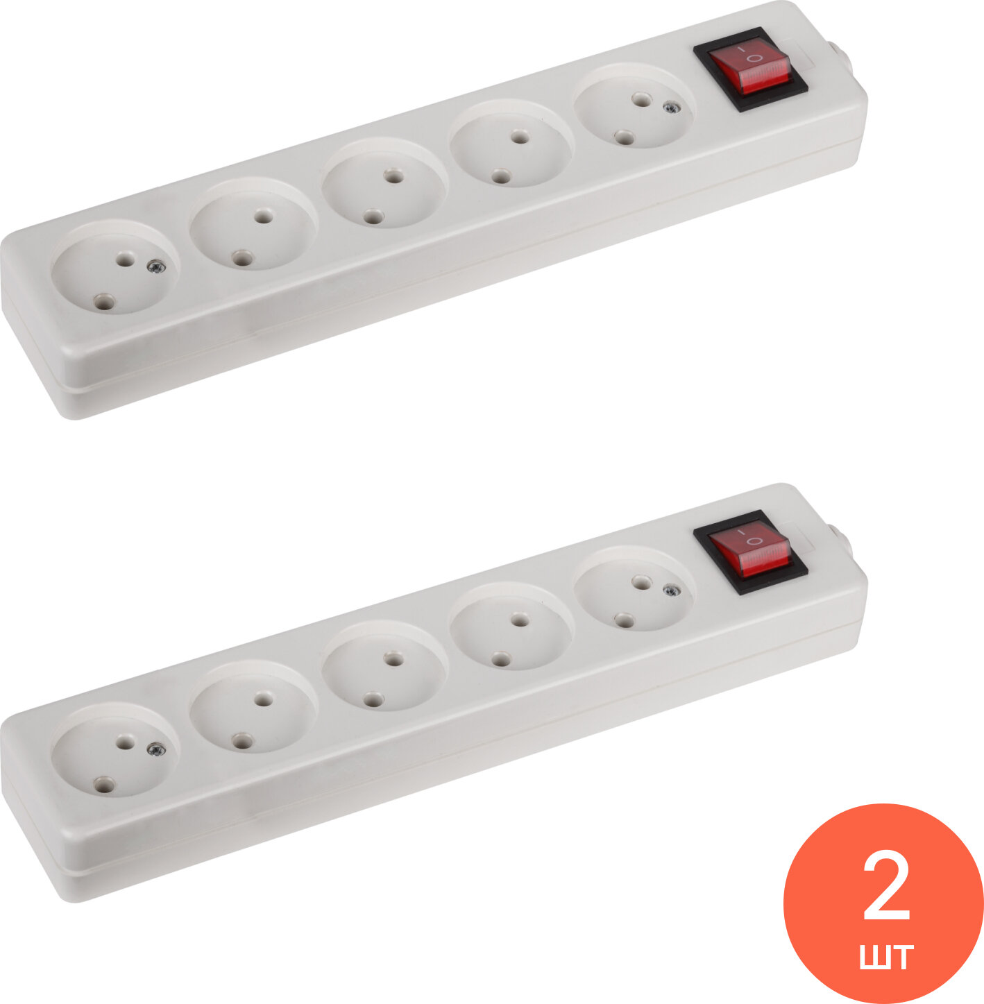 Блок розеток ЭРА K-5s, 5 гнезд 10А 220В 2200Вт без заземляющих контактов с выключателем, белый Б0003481 / колодка электрическая для удлинителя (комплект из 2 шт)