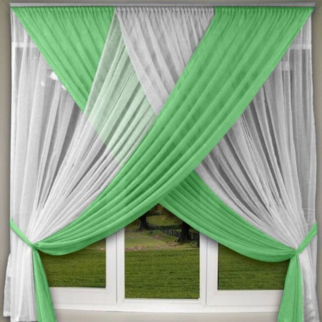 Шторы для кухни с подхватами из тюля вуаль на ленте под крючки арт. М-457 цвет зеленый