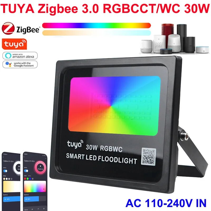 Умный прожектор Tuya ZIGBEE, 30 Вт, RGB-прожектор, IP66, уличный светильник, 110 В, 220 В, RGB + WW + CW, голосовое управление, работает с Alexa Google Home