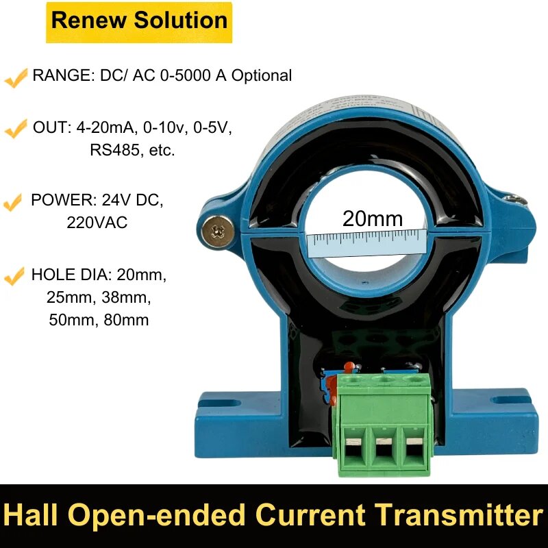 Датчик постоянного тока RS485 4-20 мА -500 to 500A, 25mm hole, 0-5V output, DC24V PWR