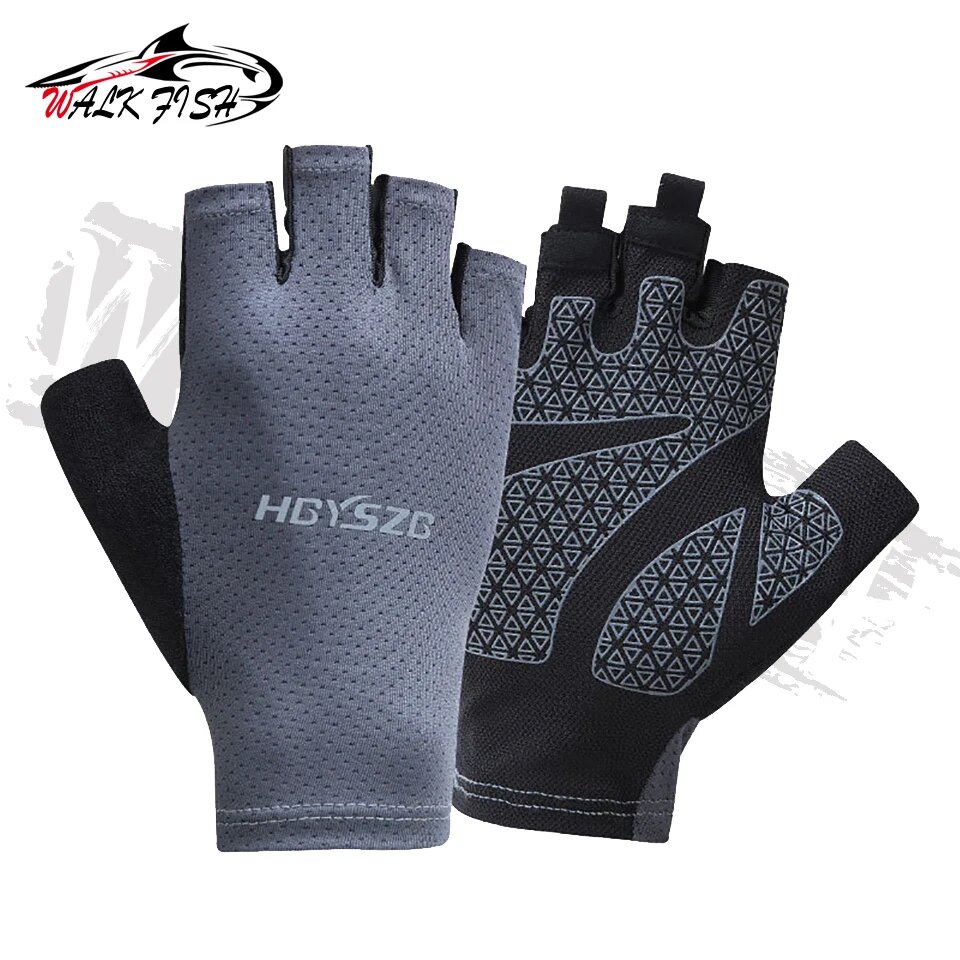 WALK FISH Рыболовные перчатки летние черные Черный, L, Gray