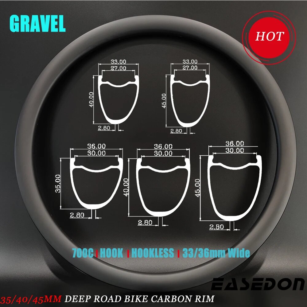 EASEDON Дорожное велосипедное колесо из углеродного волокна 700C 33/36 мм 24Holes, Hook, Fly Weight, 3K, 33x40mm