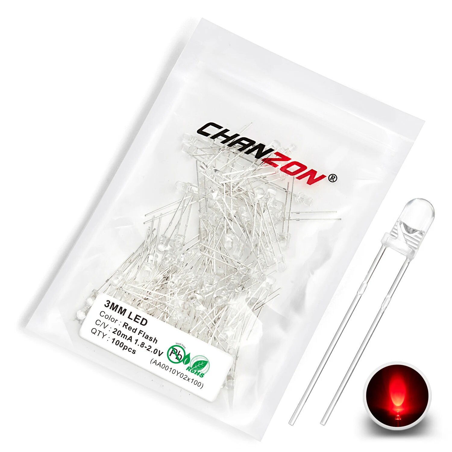 100 шт. мигающие светодиоды 3 мм CHANZON, Цвет: Clear Red Flash
