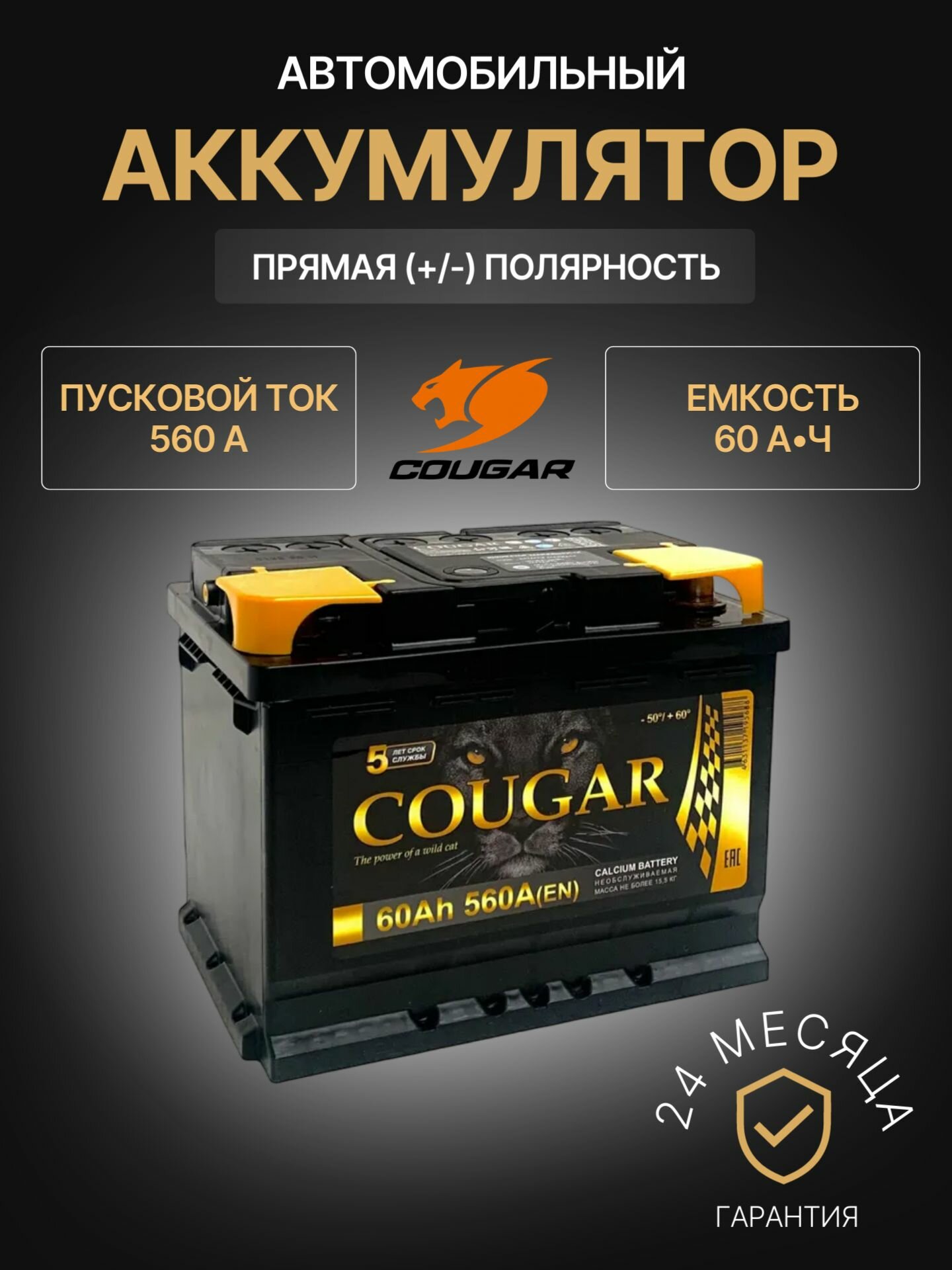 Аккумулятор автомобильный Cougar Power L+ 12В 60Ач 560А