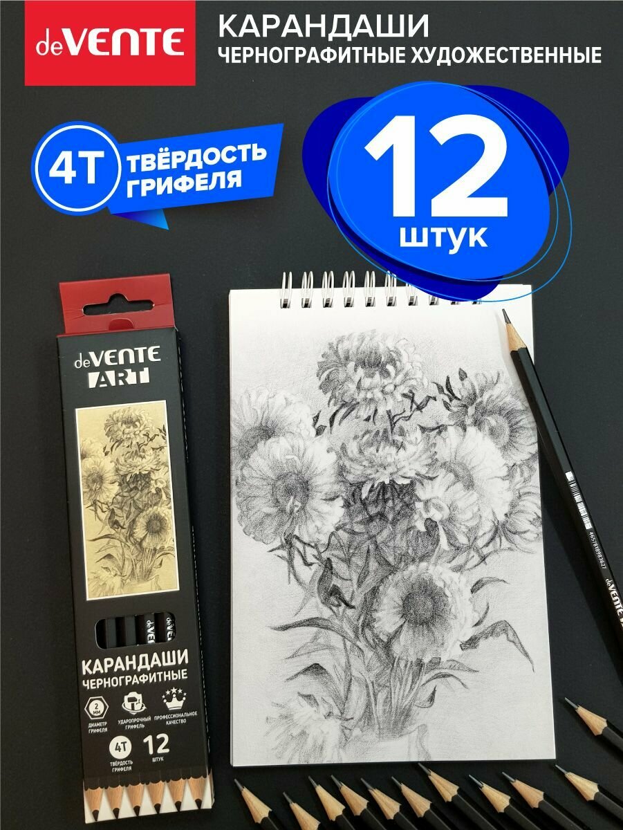 Карандаши простые твердостью 4Т художественные профессиональные чернографитные 12 шт.