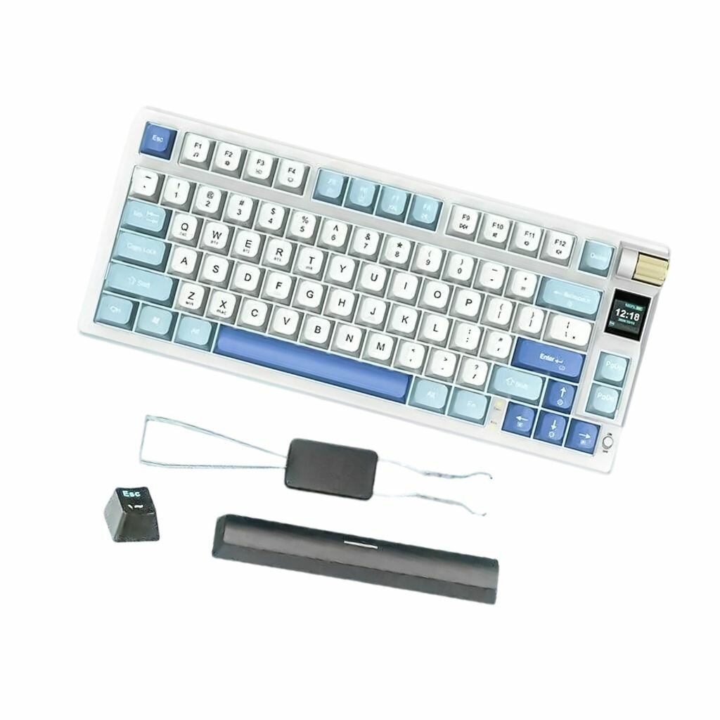 Совершенно новая беспроводная/проводная механическая клавиатура с тремя режимами работы, состоящая из 79 клавиш, со смешанной подсветкой и цветным ЖК-экраном-синий
