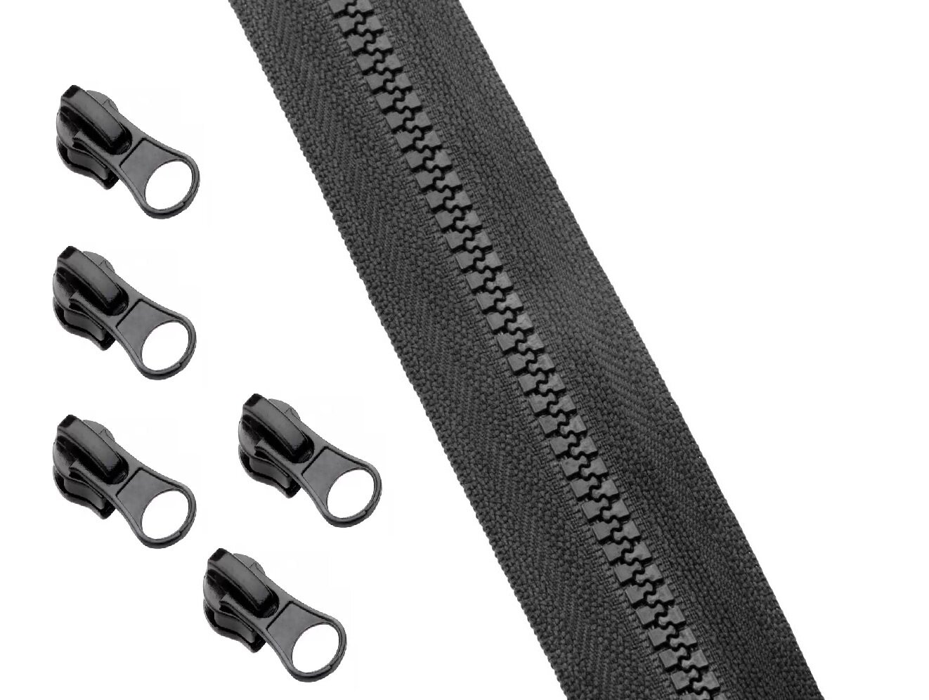 Молния рулонная тракторная тип 5, 5 метров + 5 бегунков черного цвета