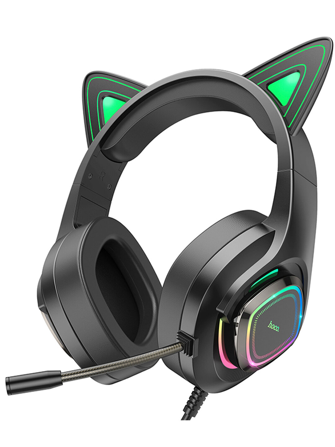 Hoco Наушники с всенаправленным микрофоном Hoco W107 Cute Cat Black-Green, USB + 3,5mm разъем