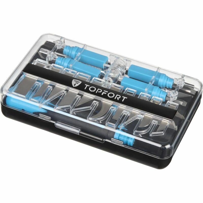 Нож макетный Topfort набор: нож 4 шт, сменные насадки 4 шт, 14 лезвий разного типа, бокс