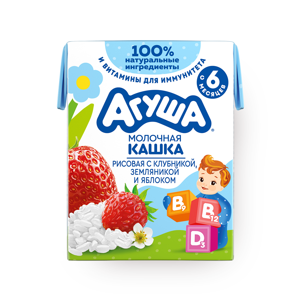 Кашка молочно-рисовая «Агуша» клубника-земляника-яблоко с 6 месяцев