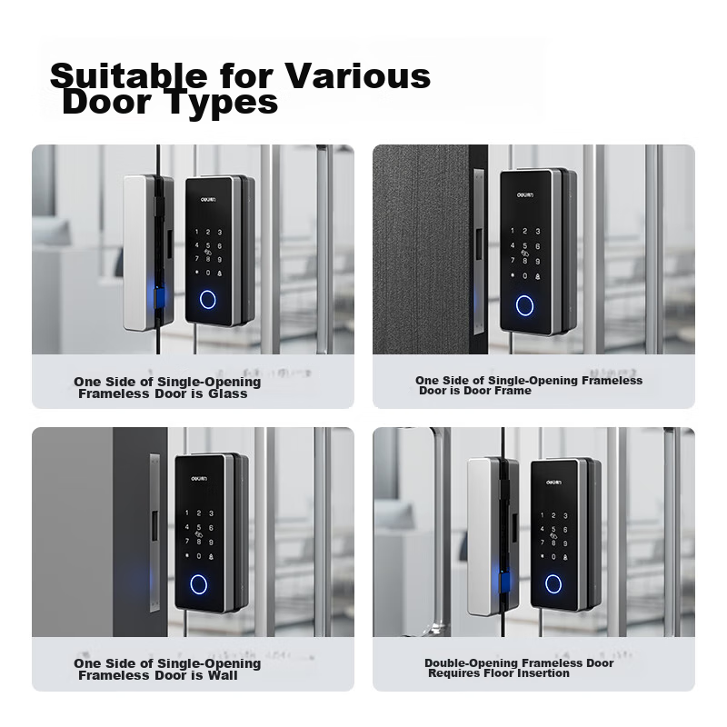 Deli Glass Door Fingerprint Lock, Smart Electronic Password Lock, Office Glass Door Lock, No Drilling Or Wiring Required, Bluetooth Mini-Program Management, Silver-White, AL103