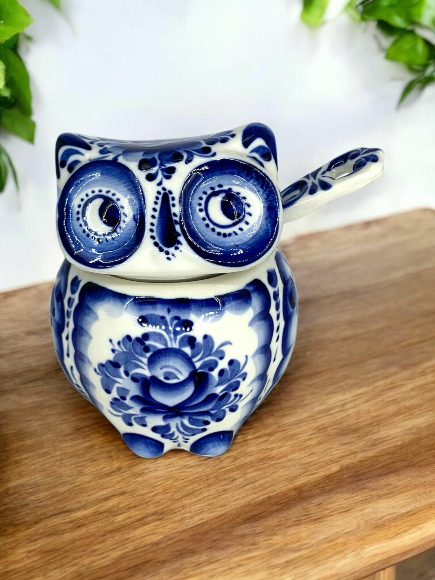 Соусник с ложкой "Сова" гжель фарфор ручная работа