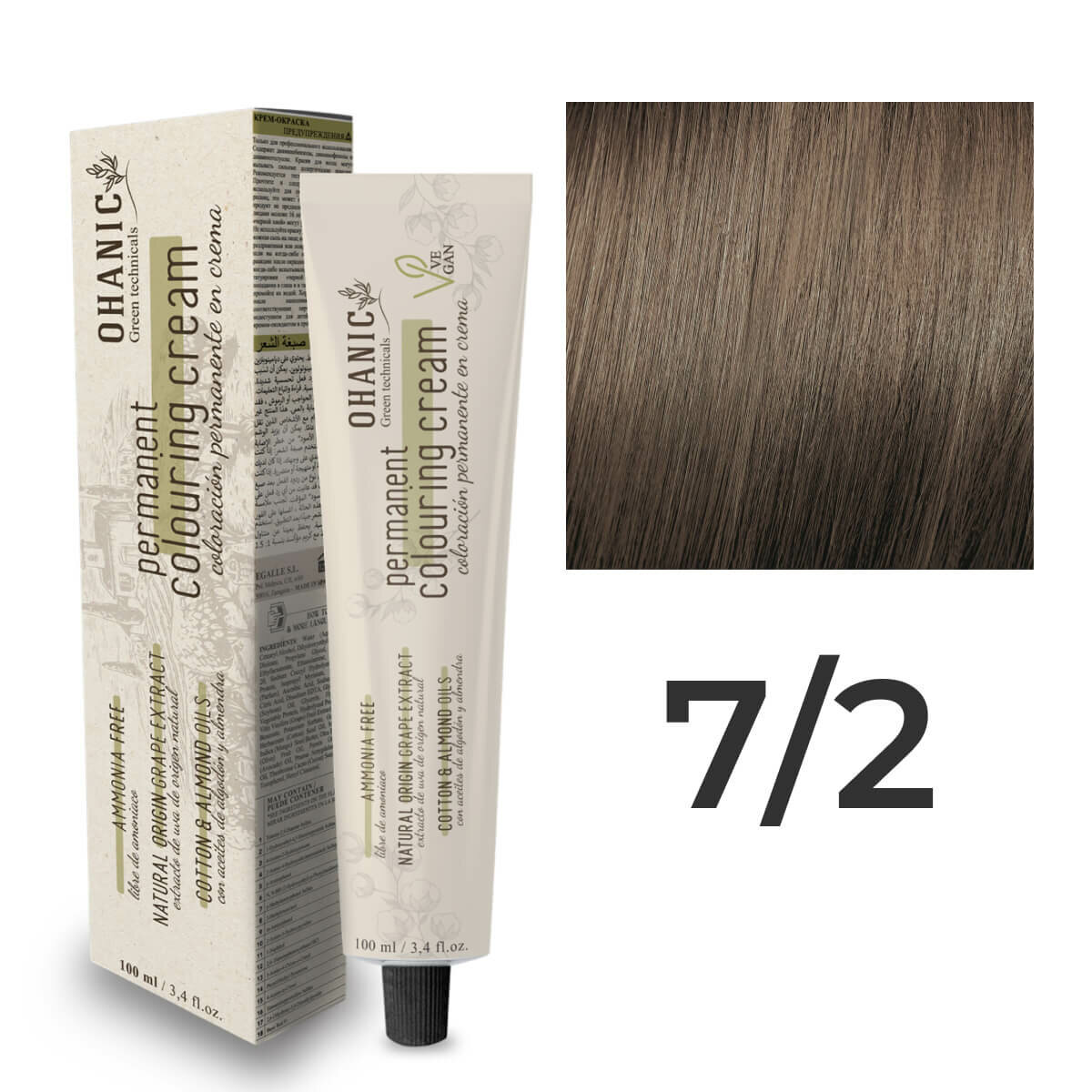 Безаммиачная крем-краска для волос Ohanic Green Technicals 7.2 Русый Перламутровый, 100 мл