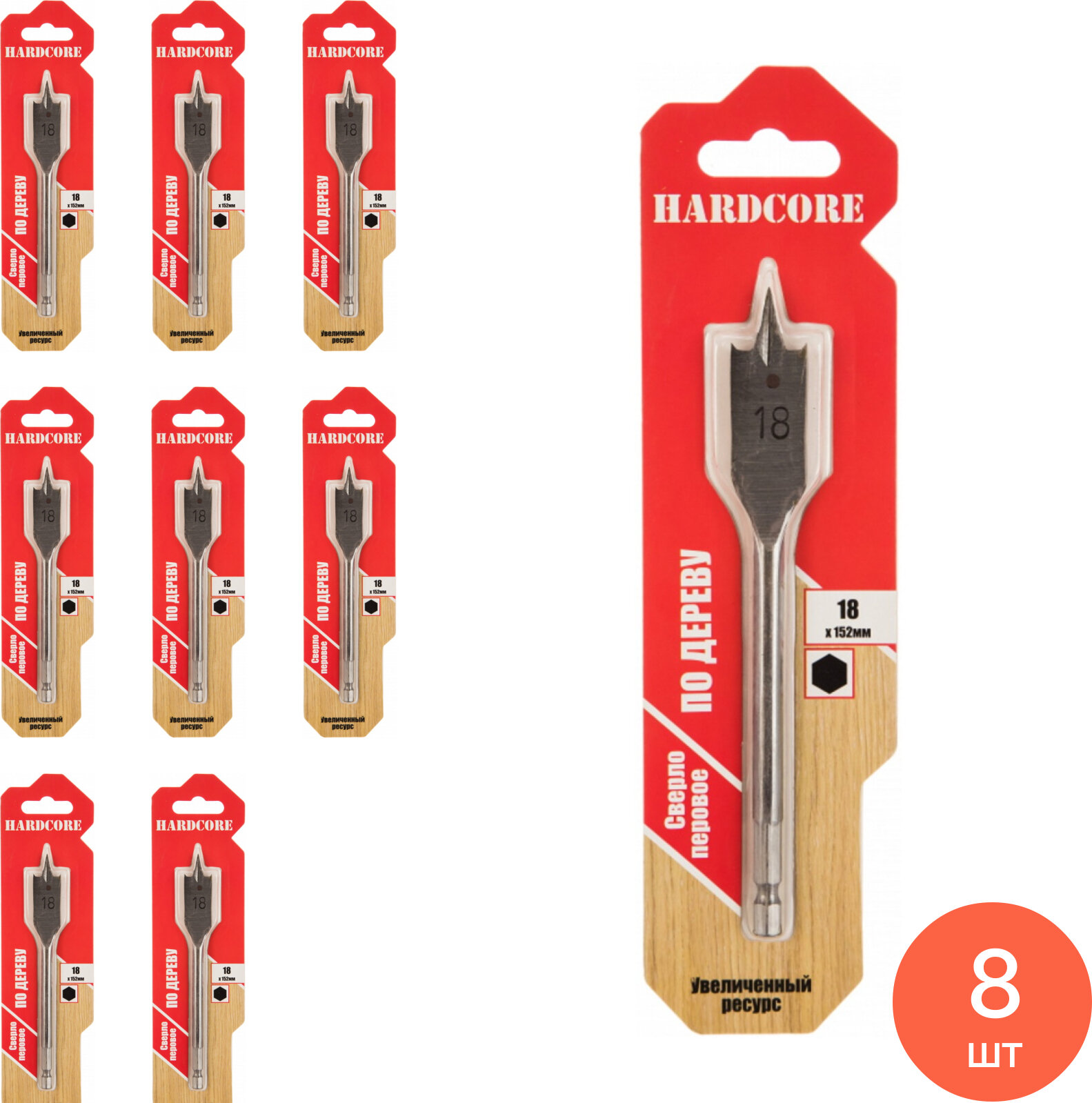 Сверло по дереву Hardcore / Хардкор перовое с подрезателями, шестигранный хвостовик, из высокоуглеродистой стали, диаметр 18мм, длина 152мм / инструменты (комплект из 8 шт)