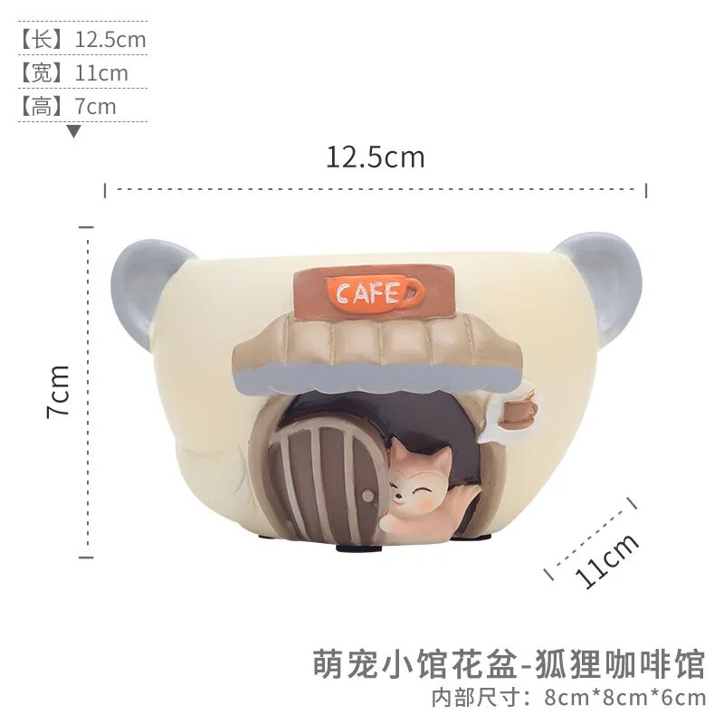 Миниатюрный горшок из смолы с котенком и лисой Fox Cafe