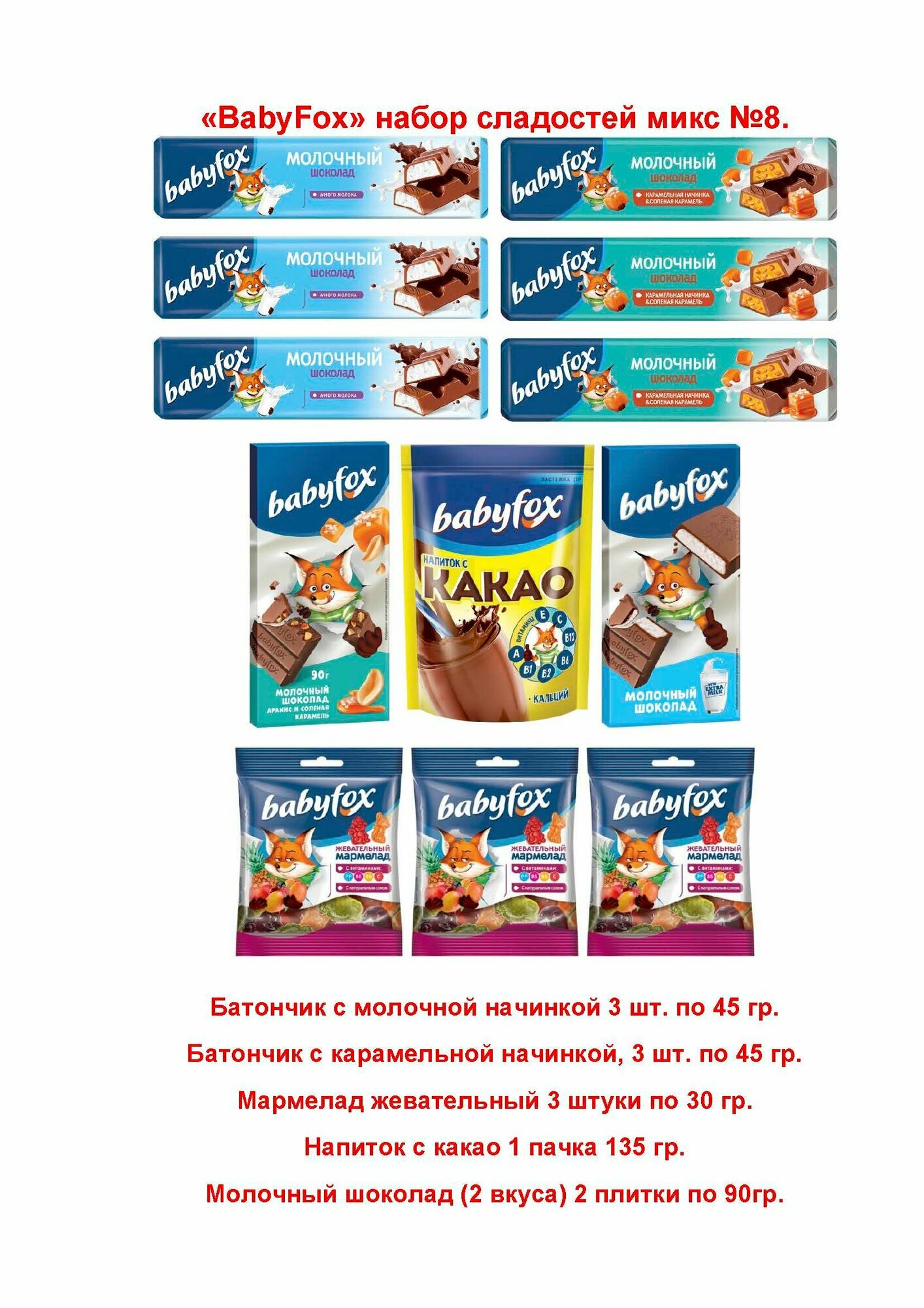 BabyFox набор №8, Молочный шоколад (2 вкуса), 2х90 гр. Батончики (2 вкуса) 6х45гр. Жевательный мармелад 3х30гр. Какао 1х135гр.