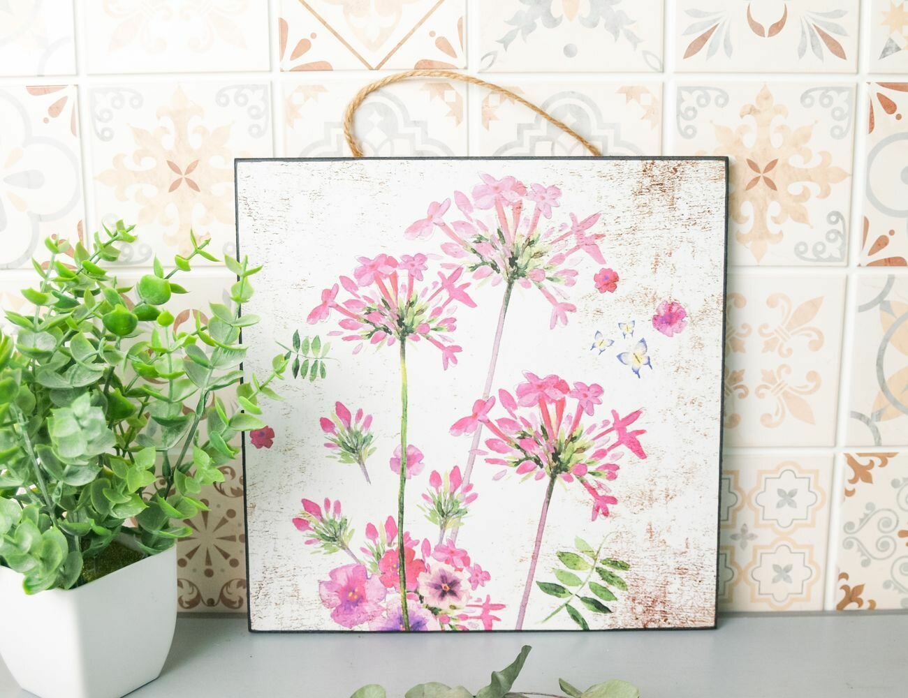 Декоративное настенное панно окошко В лето: флоксы, дерево, 24х24 см, Kaemingk 879869-1