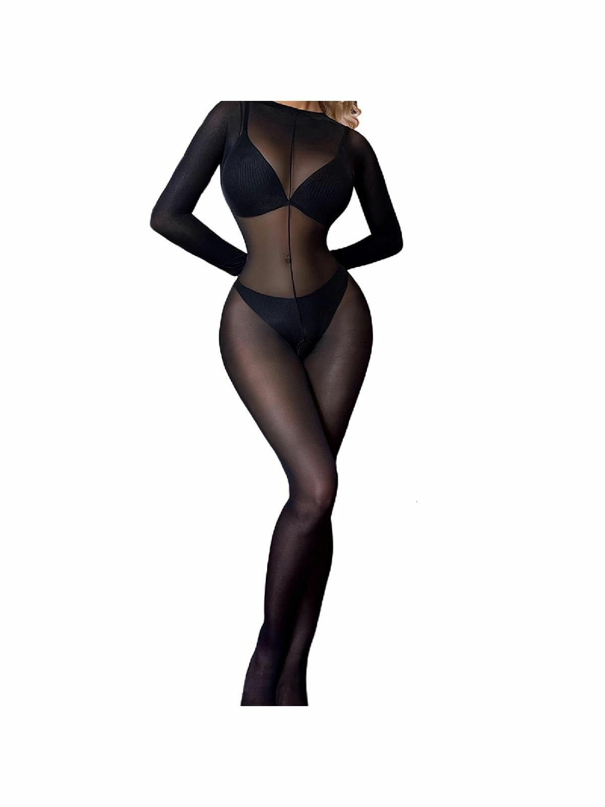 Сексуальное боди с открытой промежностью, Черный - Один размер