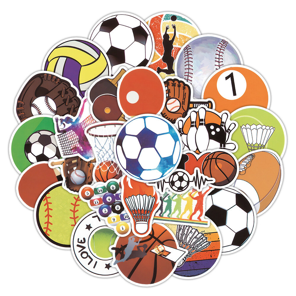Набор из 50 наклеек с изображением спортивных мячей для детей, подростков и взрослых. Водонепроницаемый виниловый набор наклеек для ноутбука, скейтборда, блокнота, бутылки с водой, чемодана, чехла для телефона. Украшение на спортивную тематику своими