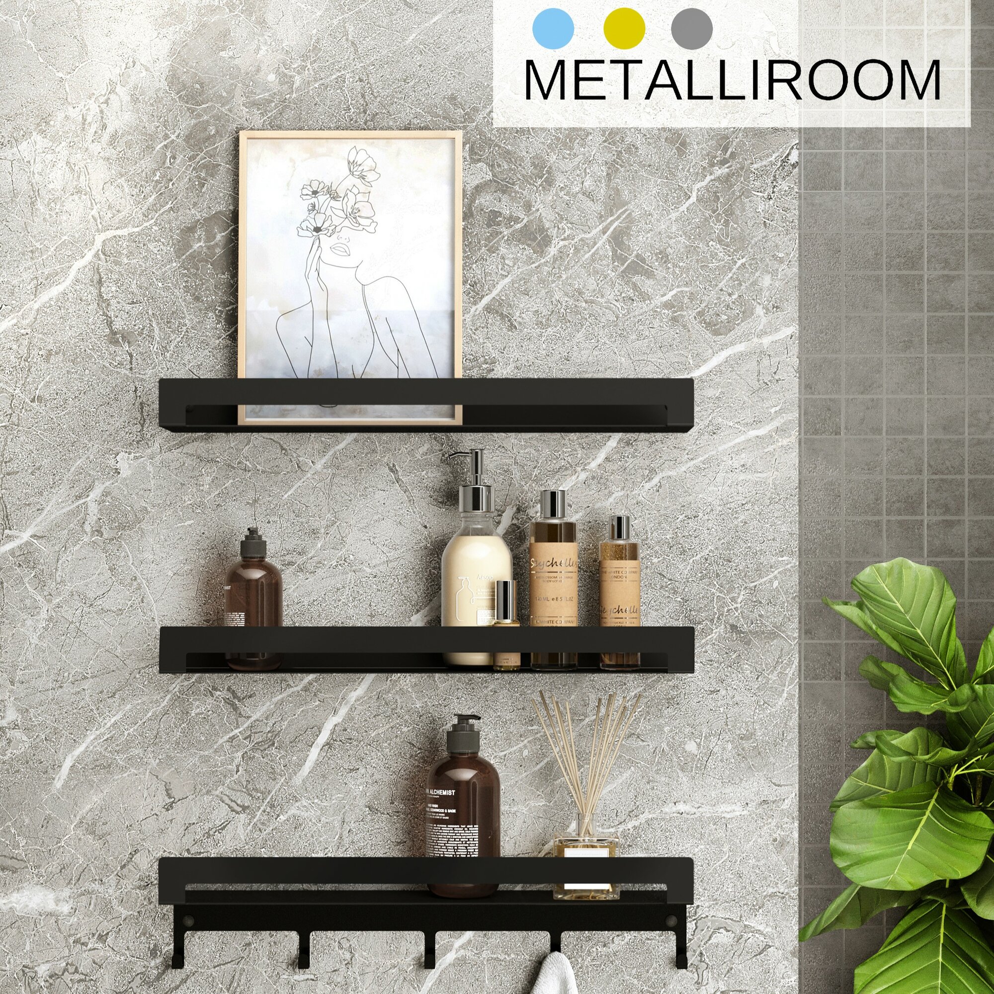 Полки Metalliroom, металл, навесные, черные, для ванной, 5 крючков, 3 штуки