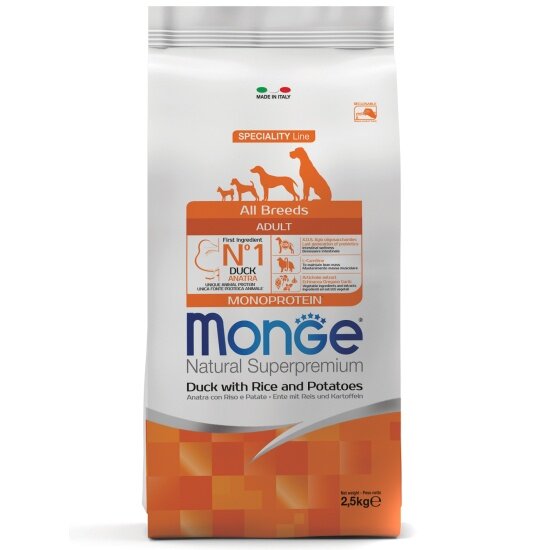 Корм Monge Speciality Line Adult All Breeds для взрослых собак всех пород, утка с рисом и картофелем 2,5кг