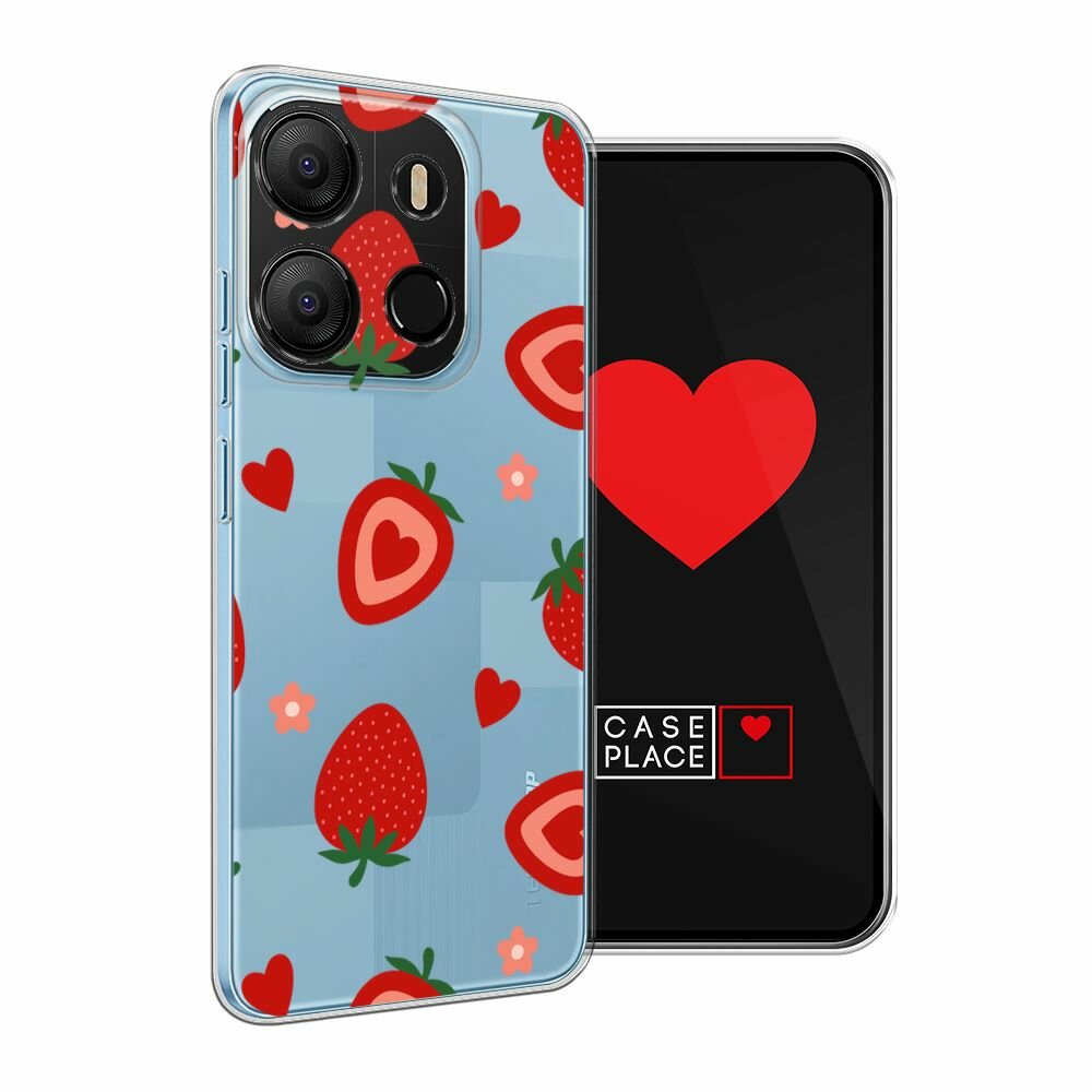 Чехол на Tecno Pop 7 / Текно Поп 7 с принтом "Heart strawberries 2 - 14 февраля", прозрачный — фото 1