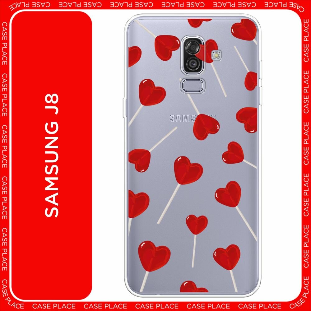 Чехол на Samsung Galaxy J8 / Самсунг Галакси Джей 8 с принтом "Сердечки-леденцы 2 - 14 февраля", прозрачный